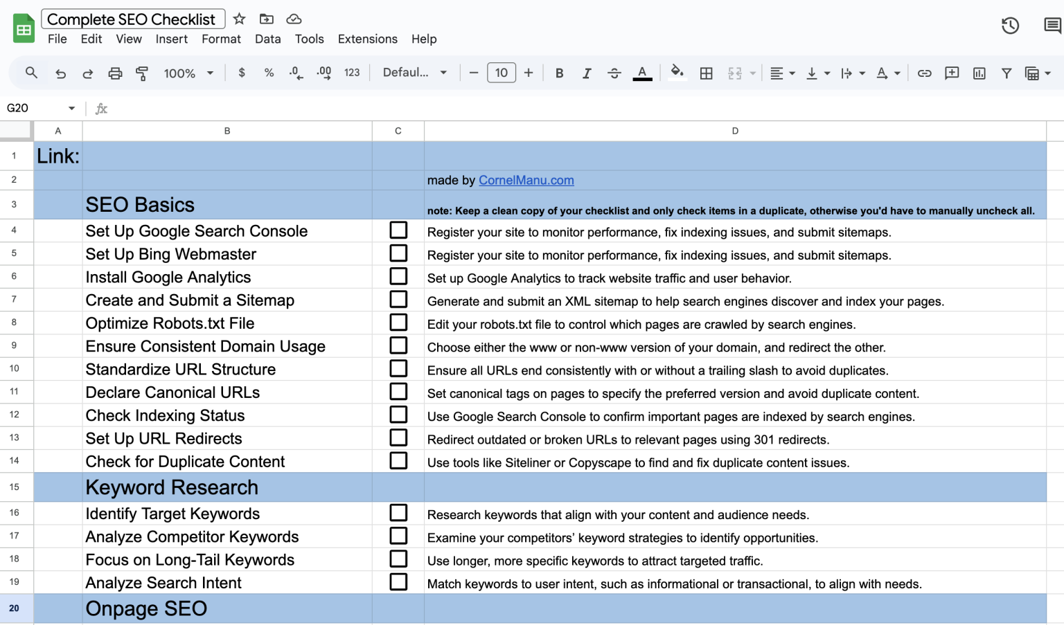 Free Comprehensive SEO Checklist Template Excel Download